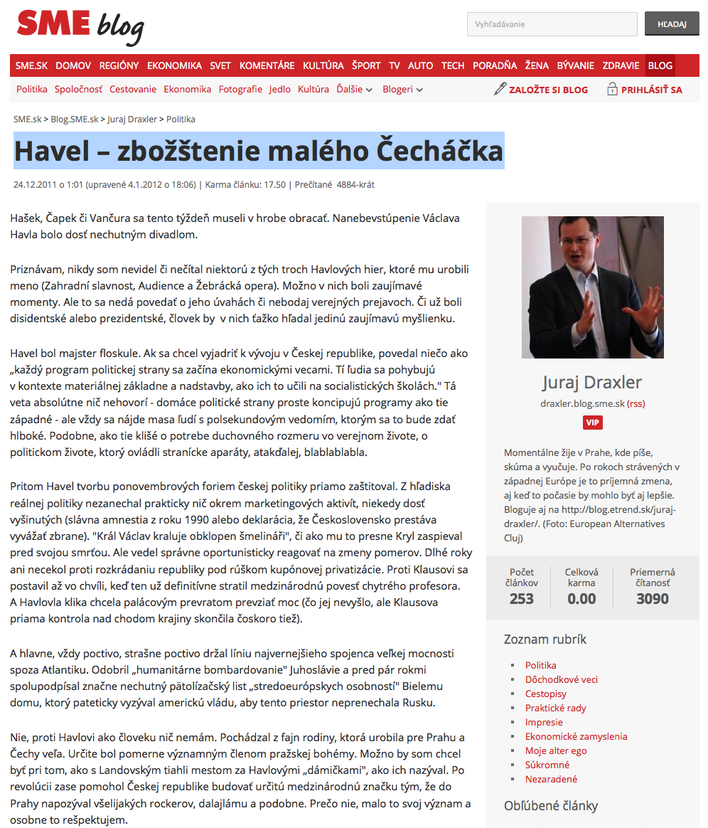 Blog N: Draxler napsal „Havel – zbožštenie malého Čecháčka“ — Denník N
