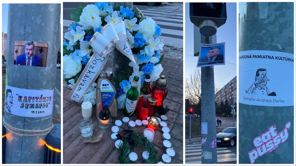 Na mieste nehody Andreja Danka sú sviečky, nálepky aj veniec s nápisom ...