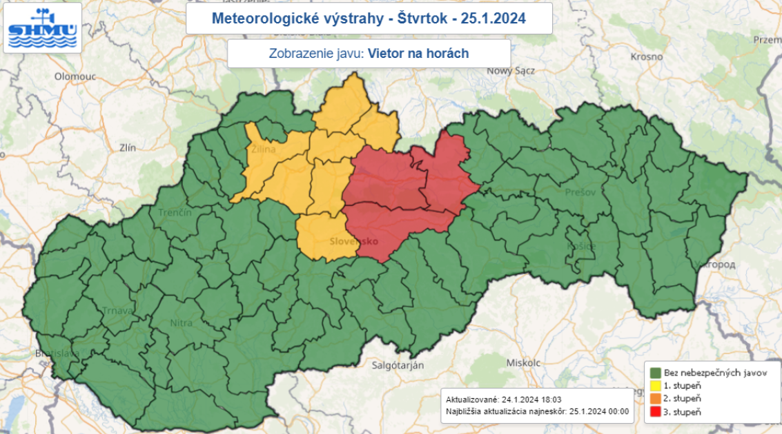 SHMÚ vydal na štvrtok výstrahu 3., najvyššieho stupňa pred vetrom na horách