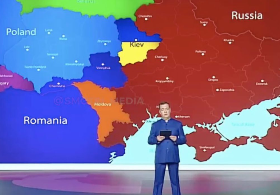 Dmitrij Medvedev ukázal mapu, na ktorej Rusko siaha až takmer ku Kyjivu